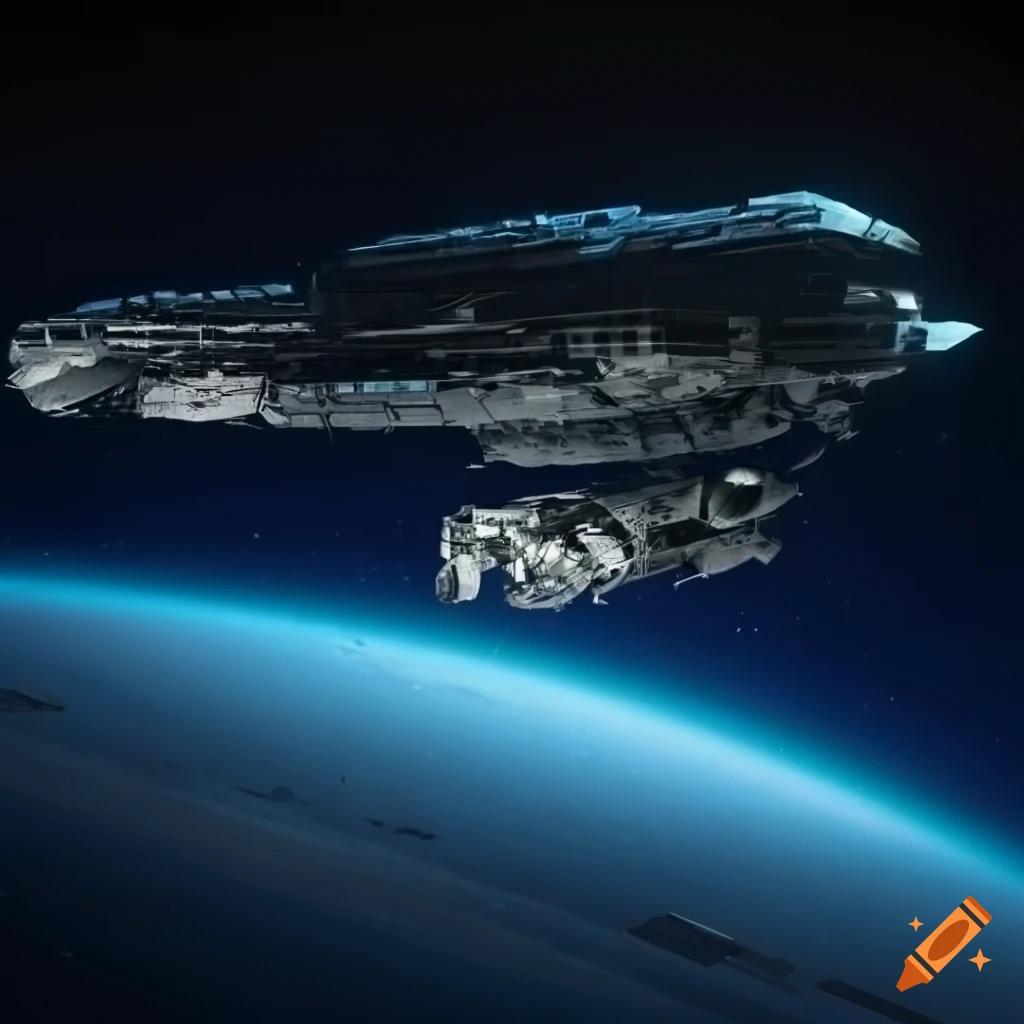 Space ship docking at a sci-fi space station beside a planet on Craiyon