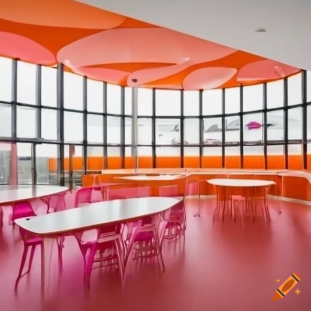 Modern school cafeteria with pink and orange tones on Craiyon