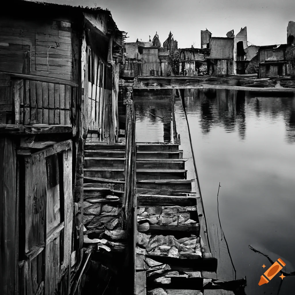 City slums with structures resting on lake, made of stone, wood, and ...