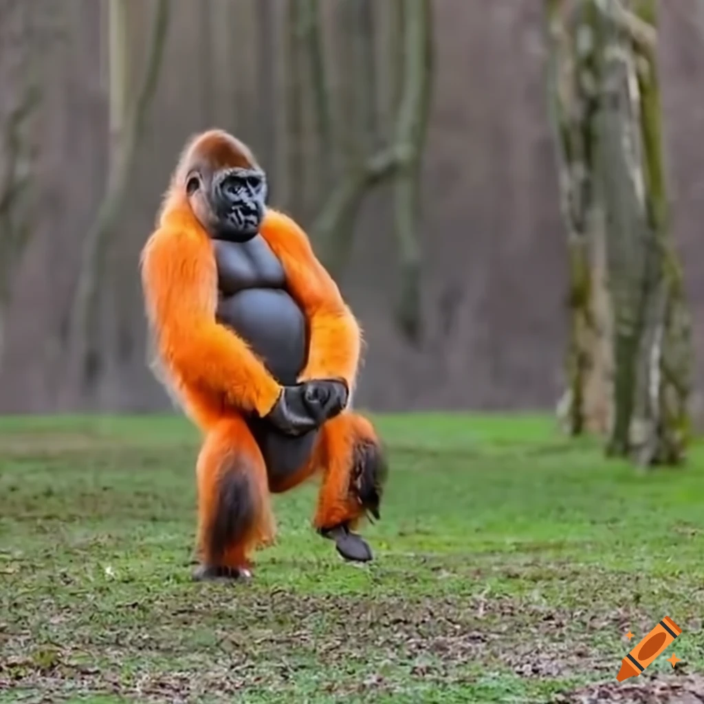 Extraordinary gorilla in a bright orange jacket performing acrobatics ...