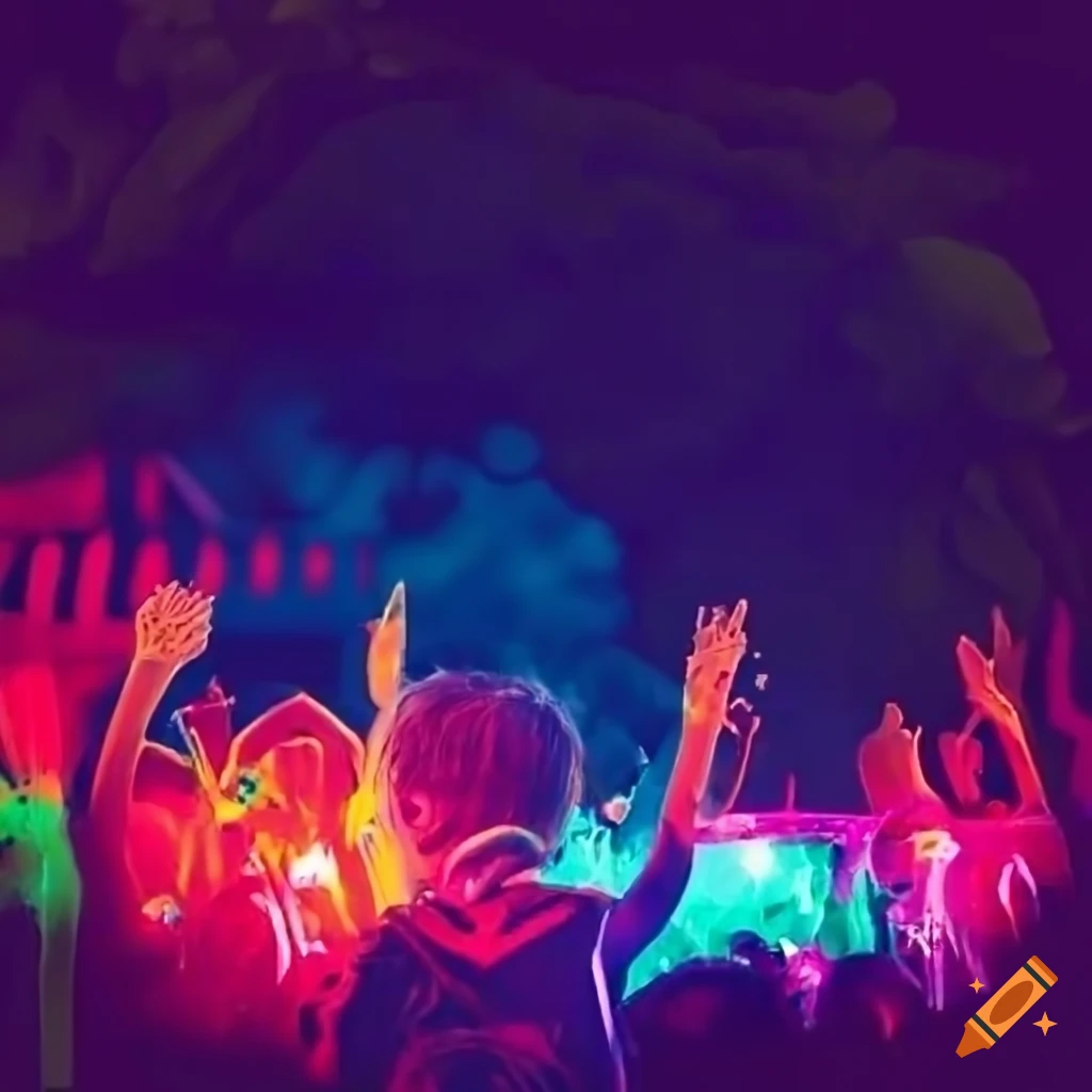Neon festival with party people and children outdoors on Craiyon