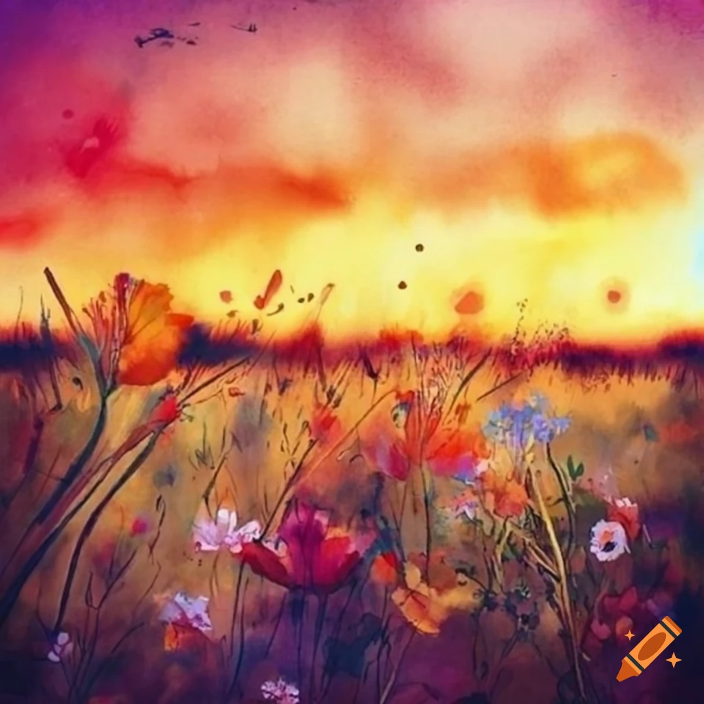 Field of wildflowers at sunset in a watercolor style on Craiyon