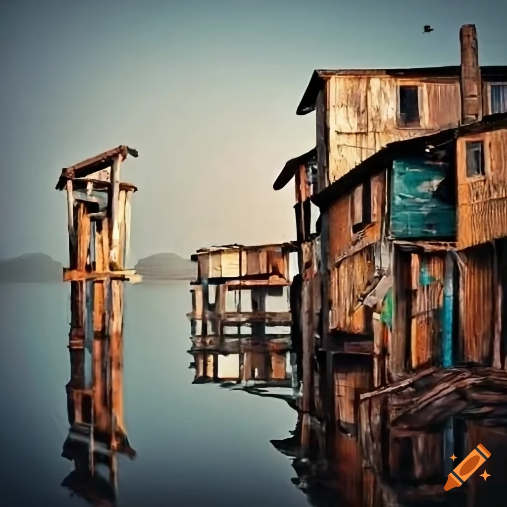 City slums with buildings on stilts by a lake, featuring stone, wood ...