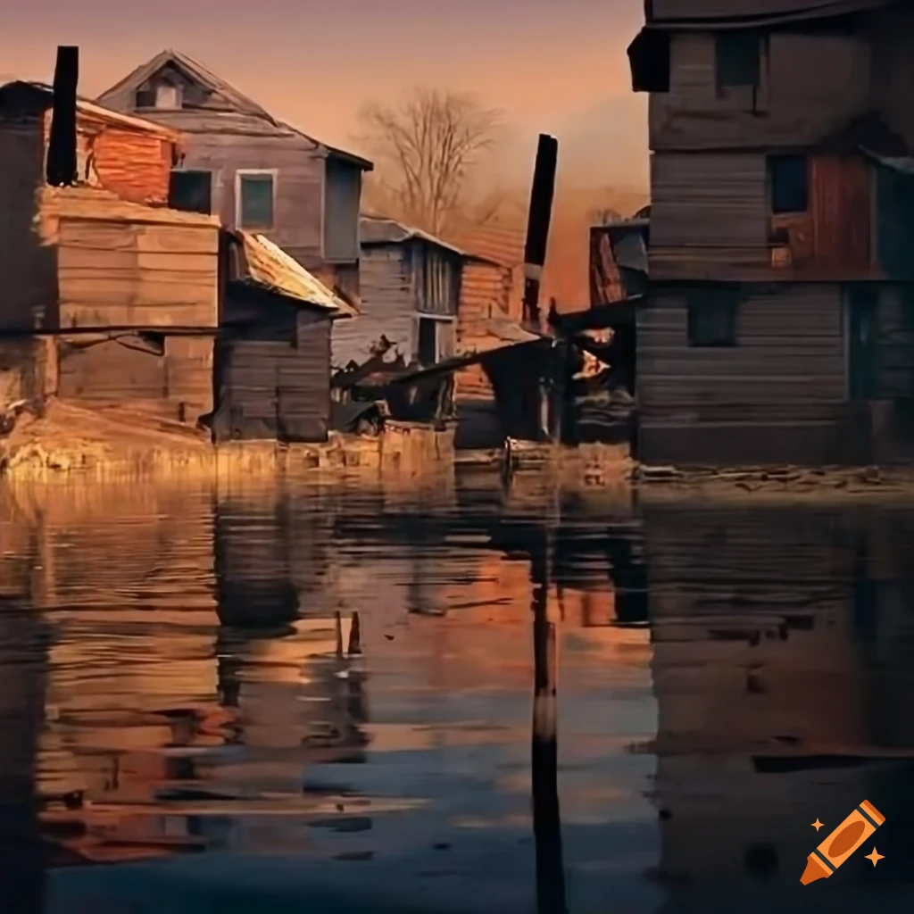 City slums with buildings on stilts by a lake, featuring stone, wood ...