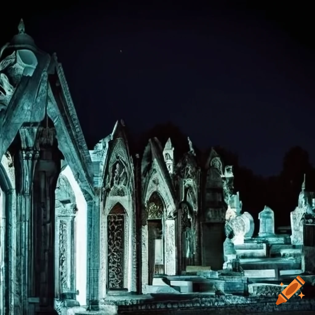 Nighttime photograph of turkish cemetery with symmetrical tombstones on Craiyon