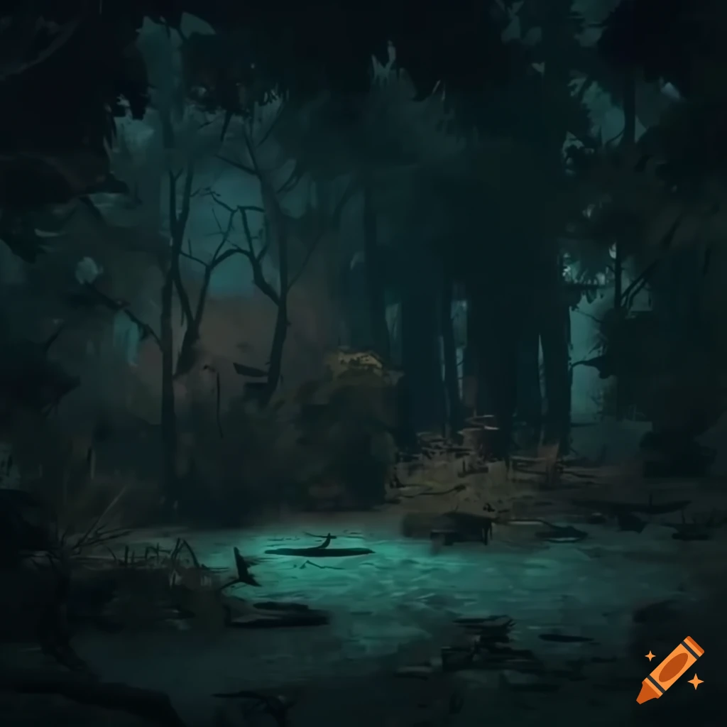 Dense forest at night inspired by rust video games on Craiyon