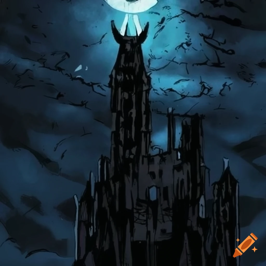 Dark castle at night in a comic book style on Craiyon