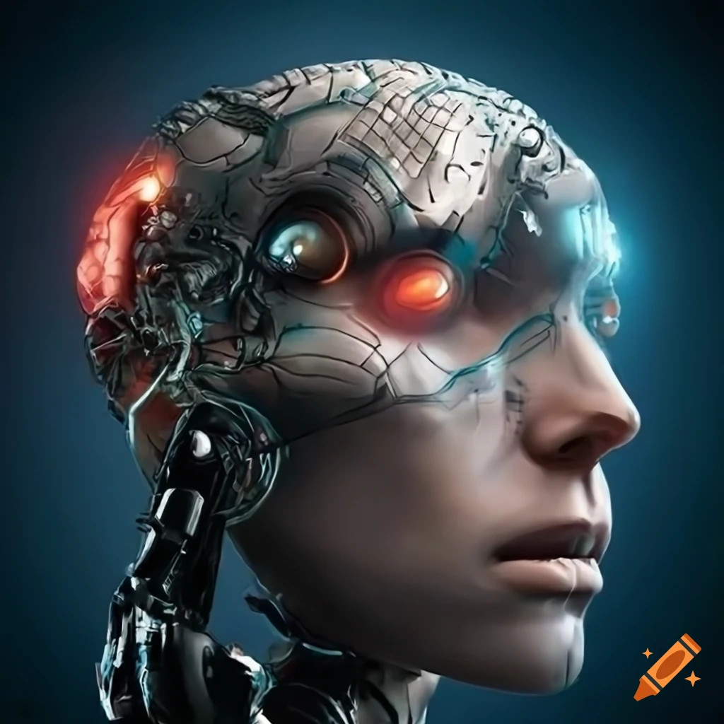 High detailed cyborg with humanlike head showing brain in an operation ...