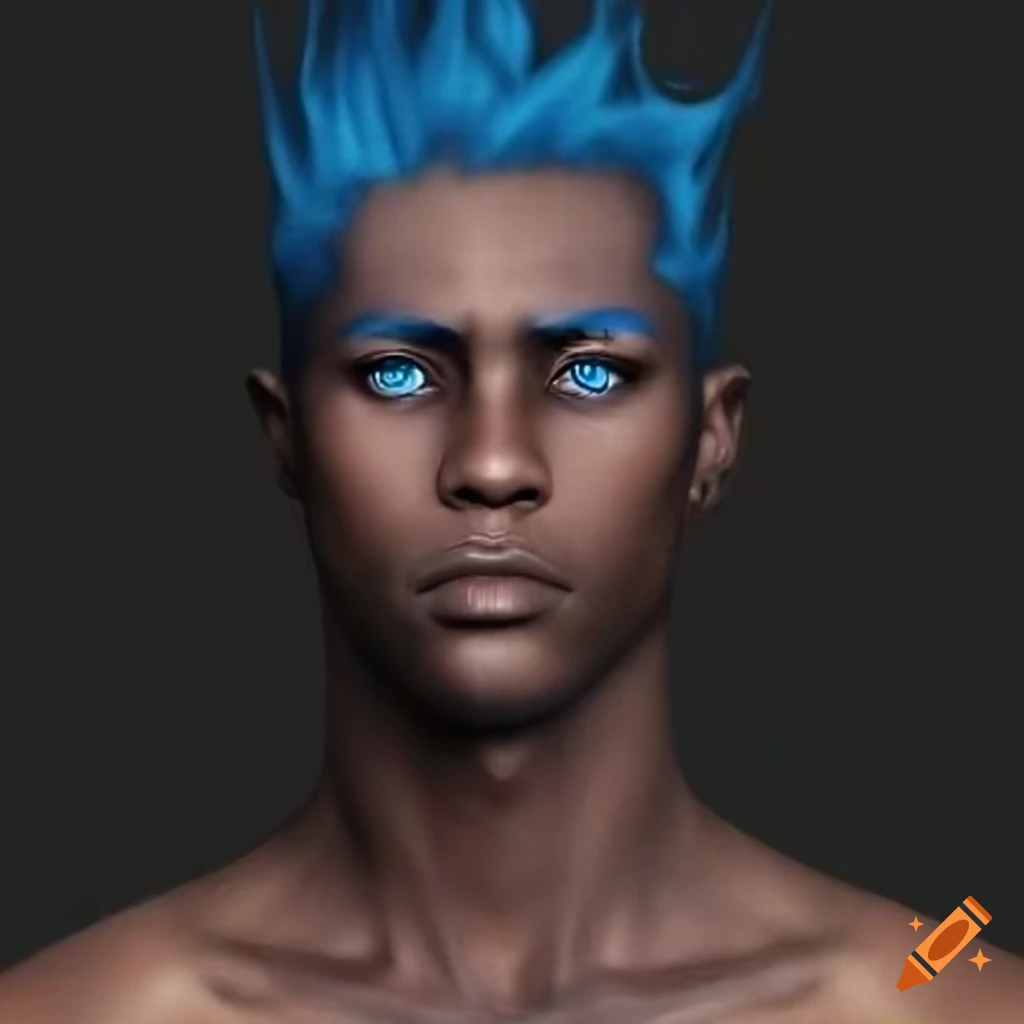 Male fire gensai with blue flame hair, black skin, and blue eyes on Craiyon