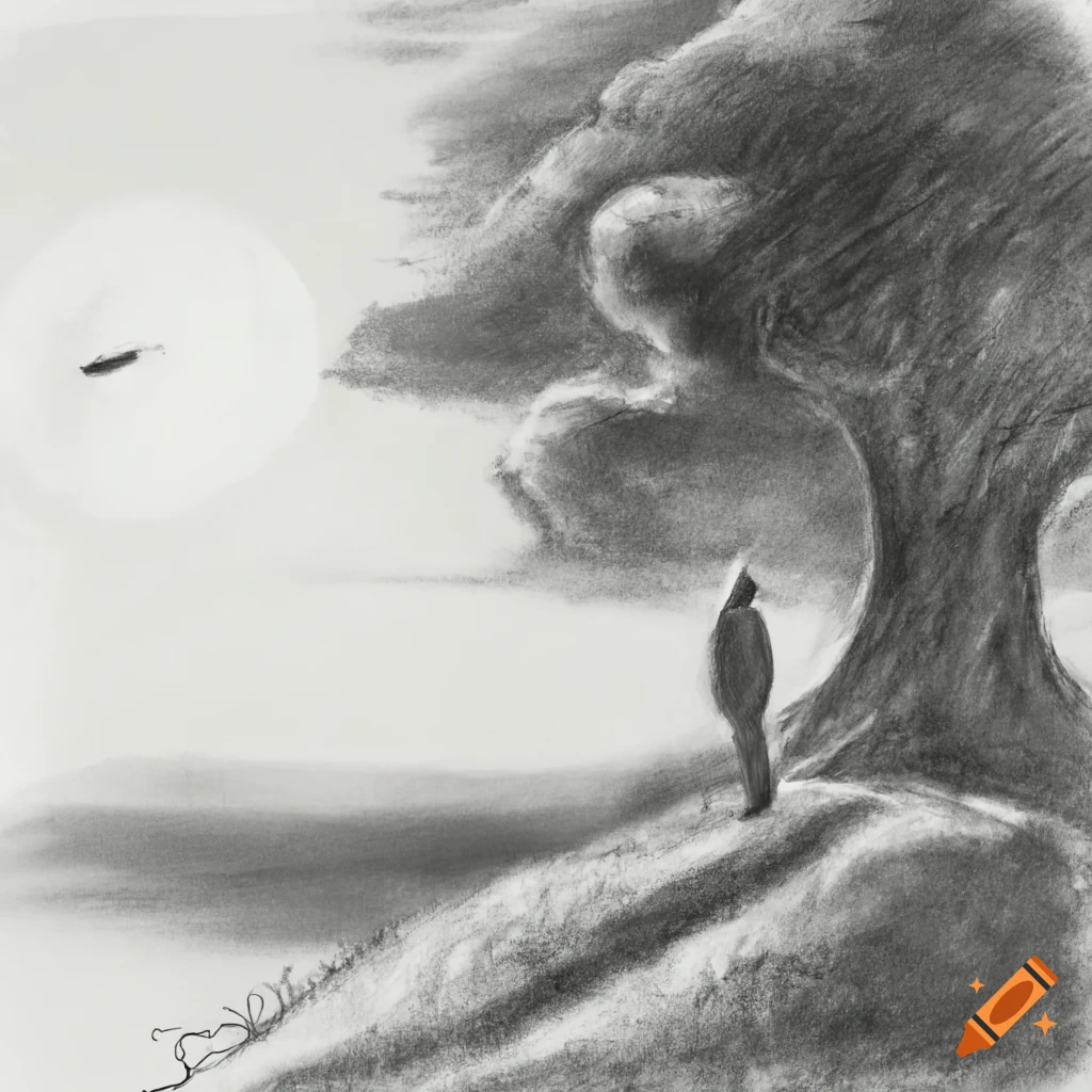 Old man on a hill watching the distant sun in the sky, charcoal drawing ...