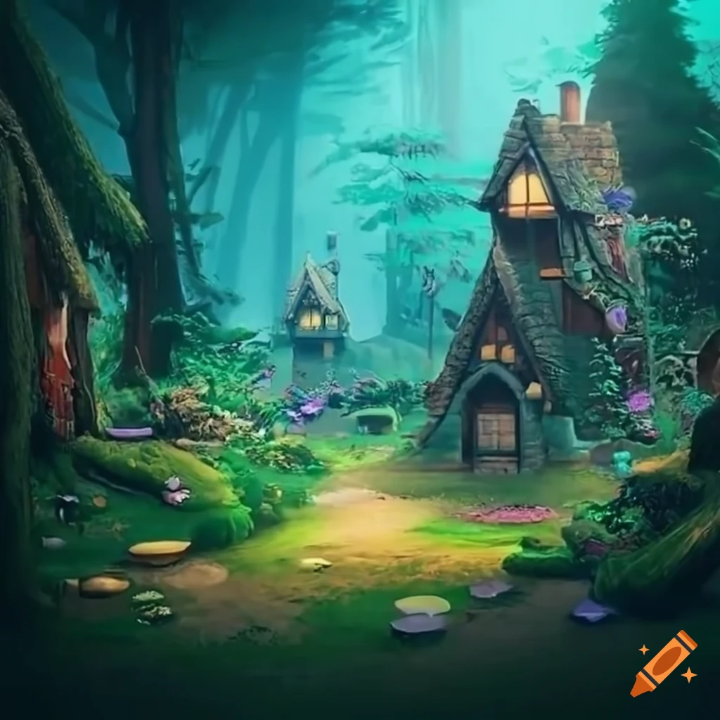 Enchanted village with magical creatures and a mysterious forest on Craiyon