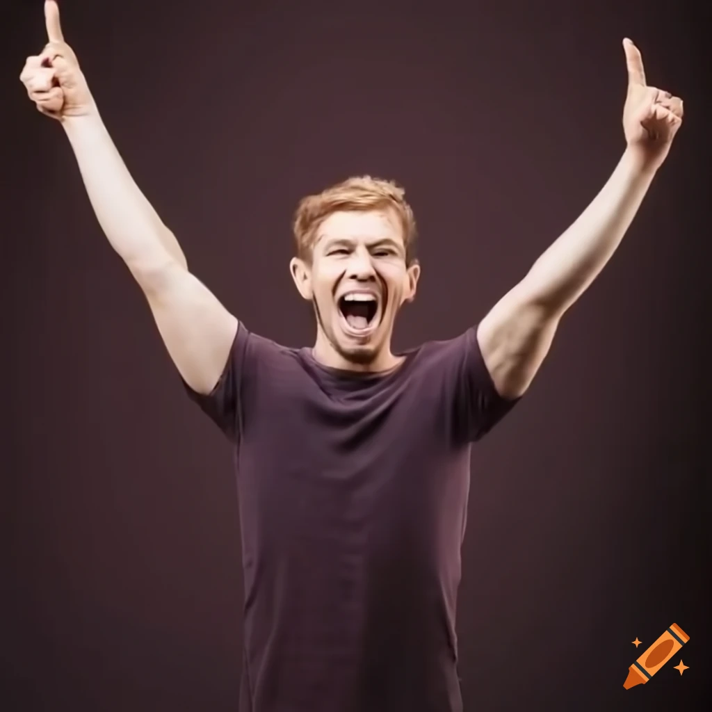 Excited man with raised arms pointing up on Craiyon