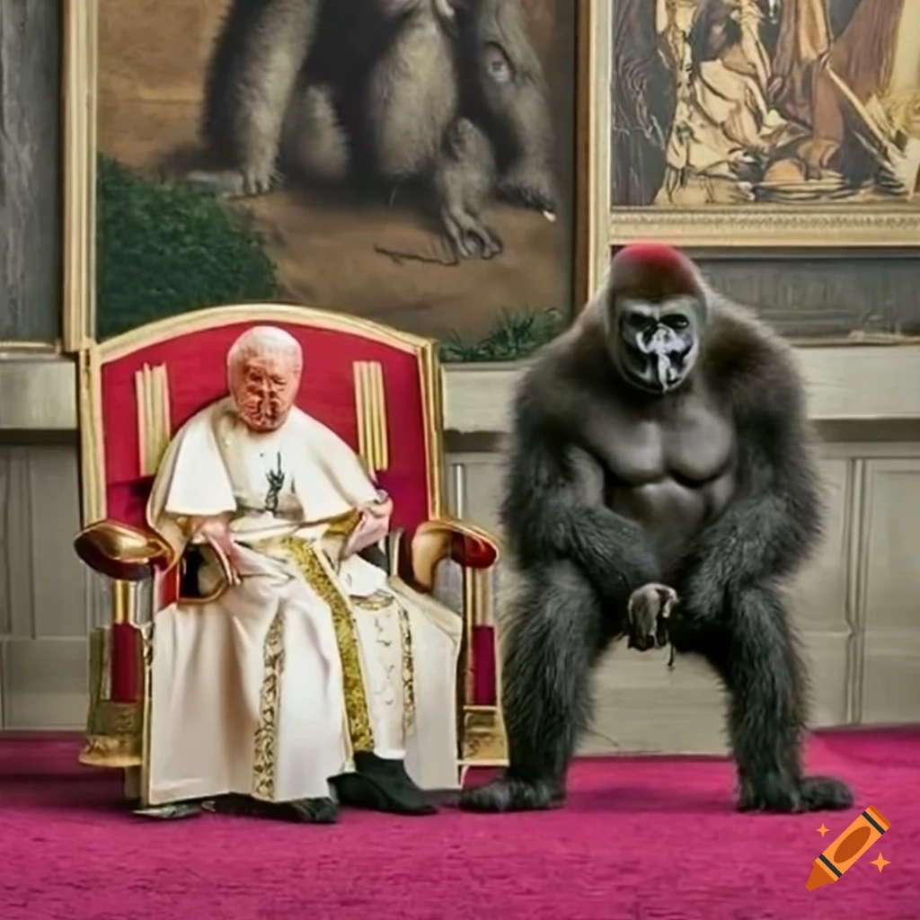 Vested gorilla harambe sitting with pope john paul ii on Craiyon