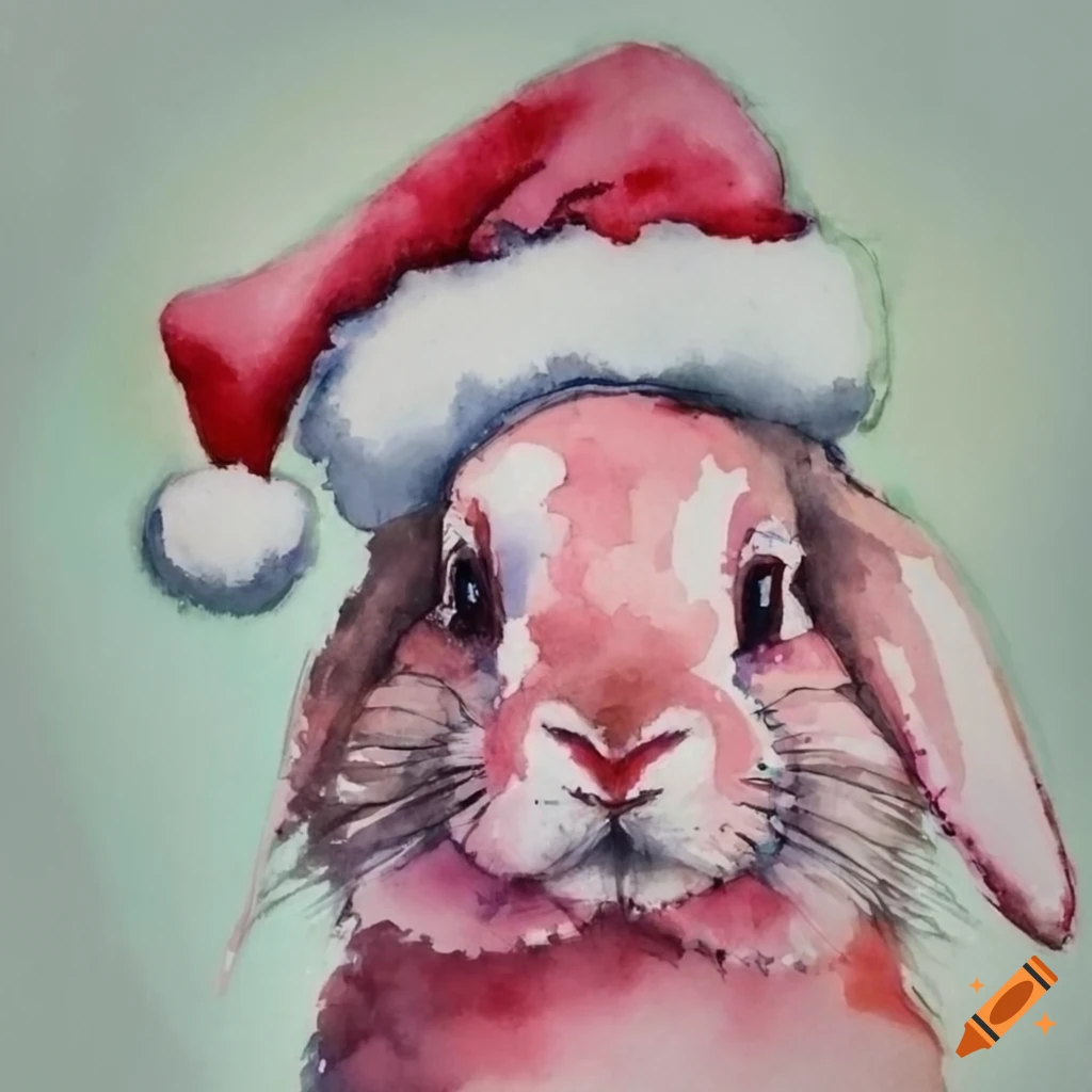 Pink rabbit with a christmas hat in watercolour on Craiyon