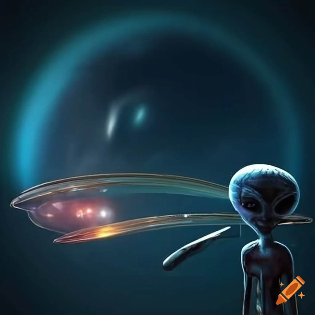 Cool alien standing next to a ufo on Craiyon