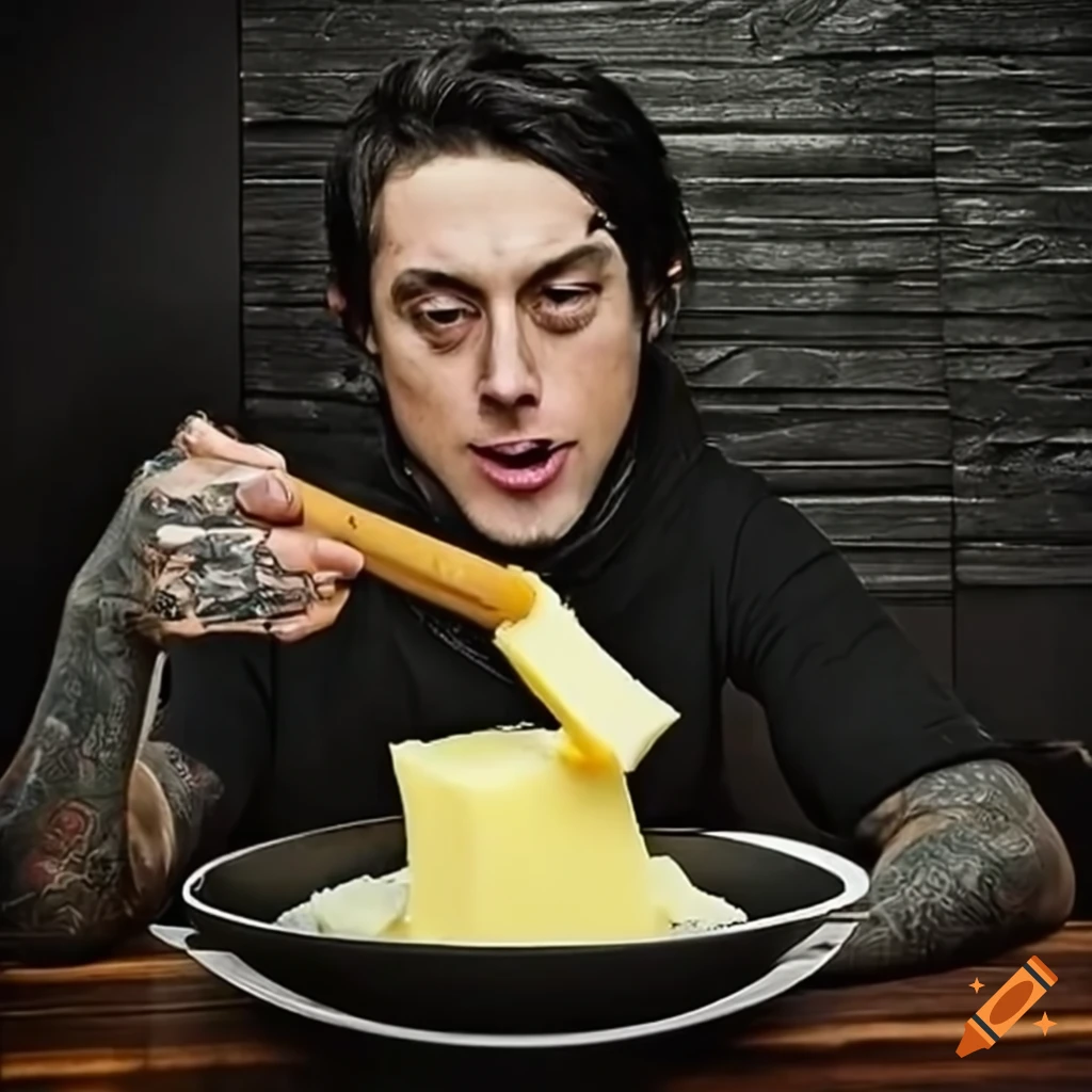 Man amusingly eating a large stick of butter on Craiyon