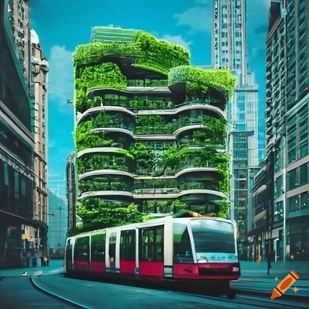 Green buildings near public transport infrastructure on Craiyon