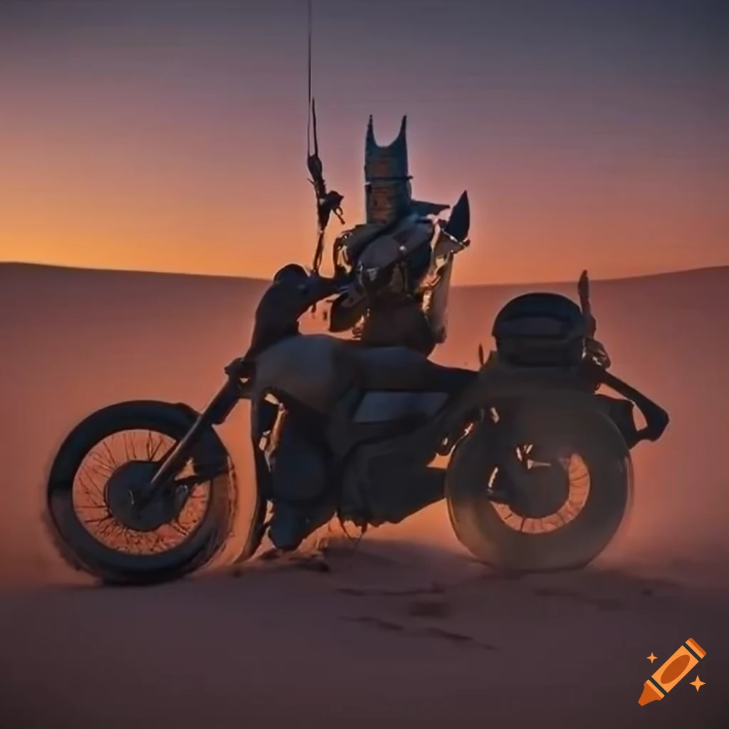 Modern knights templar on motorcycle in the desert at dusk on Craiyon