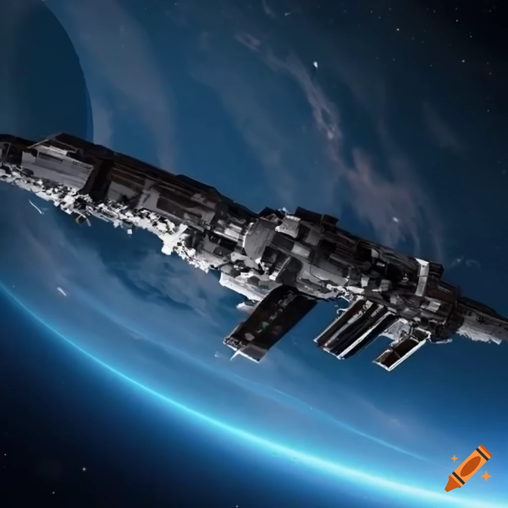 Space ship docked at sci-fi space station next to a planet on Craiyon