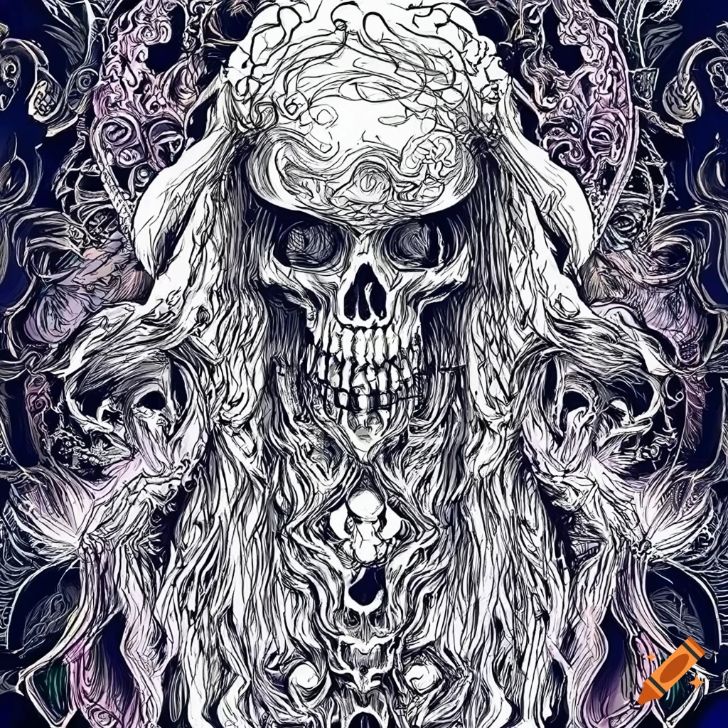 Intricate line art of a skull character with flowing hair and ornate ...