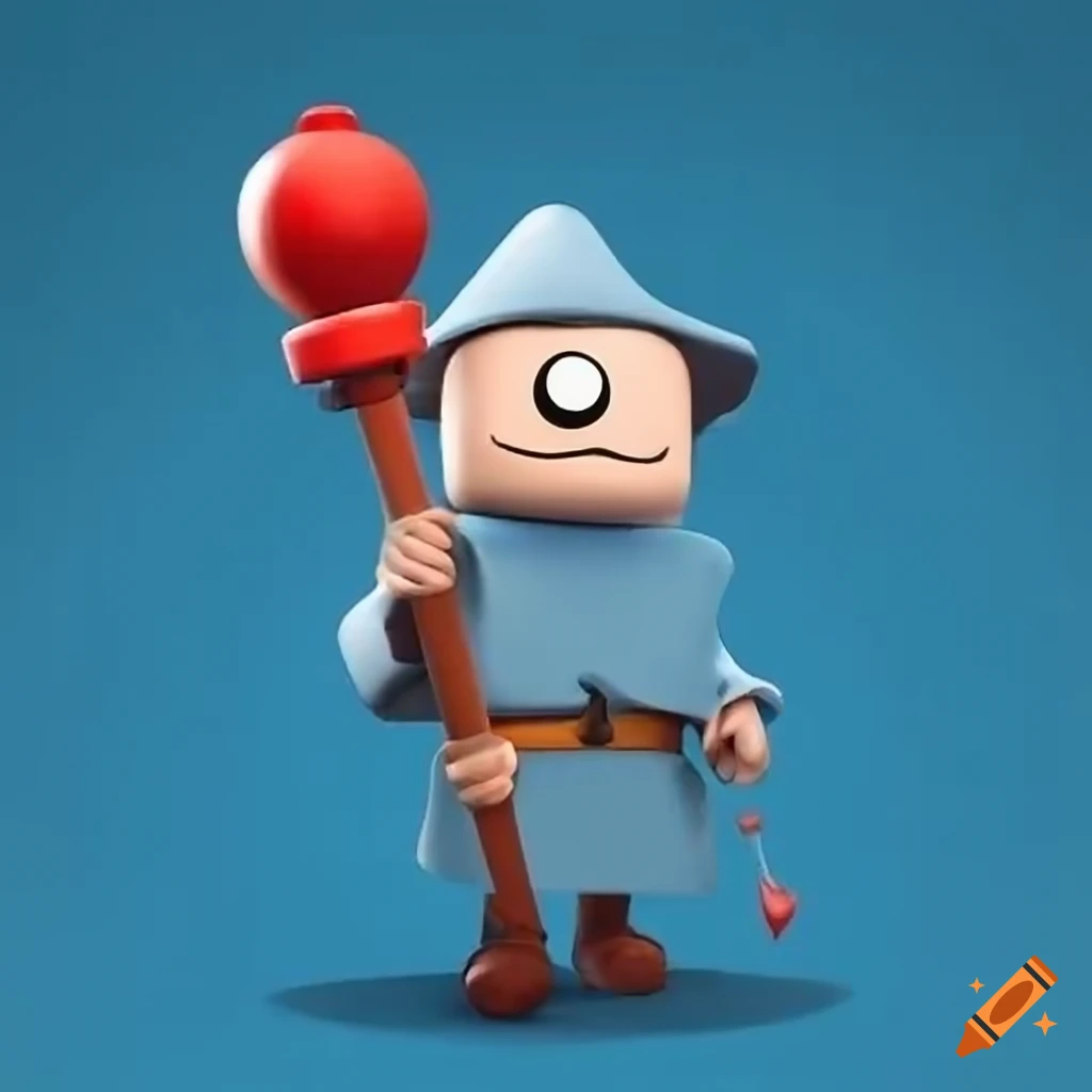 Blocky wizard character with a red staff in an epic game setting on Craiyon