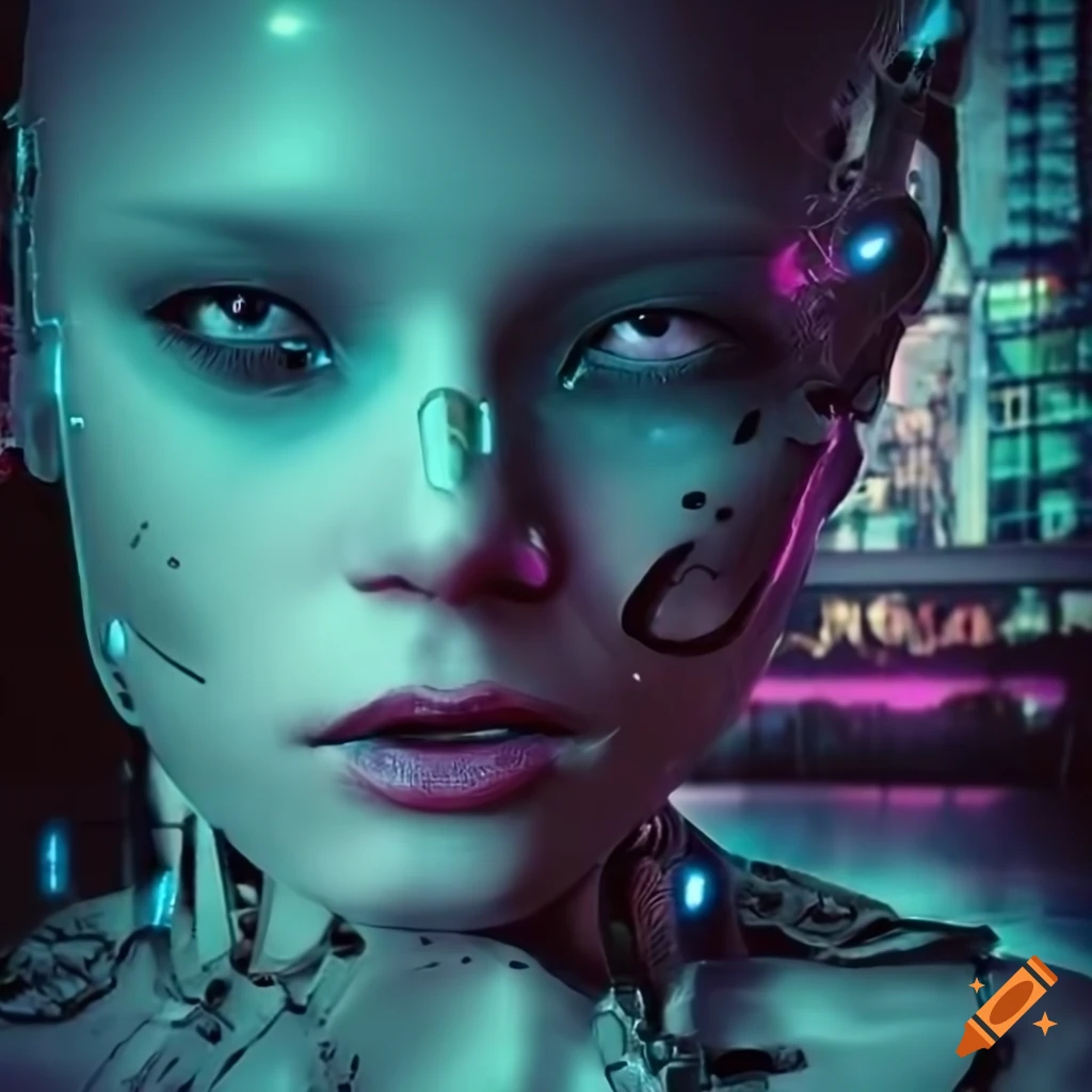 Biopunk cyborg goddess in a dark cyberpunk cityscape on Craiyon