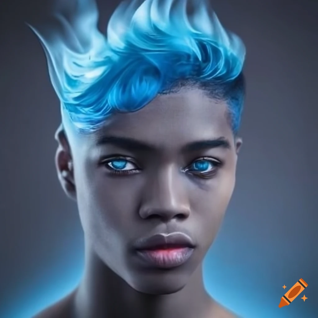 Male fire gensai with blue flame hair, black skin, and blue eyes on Craiyon