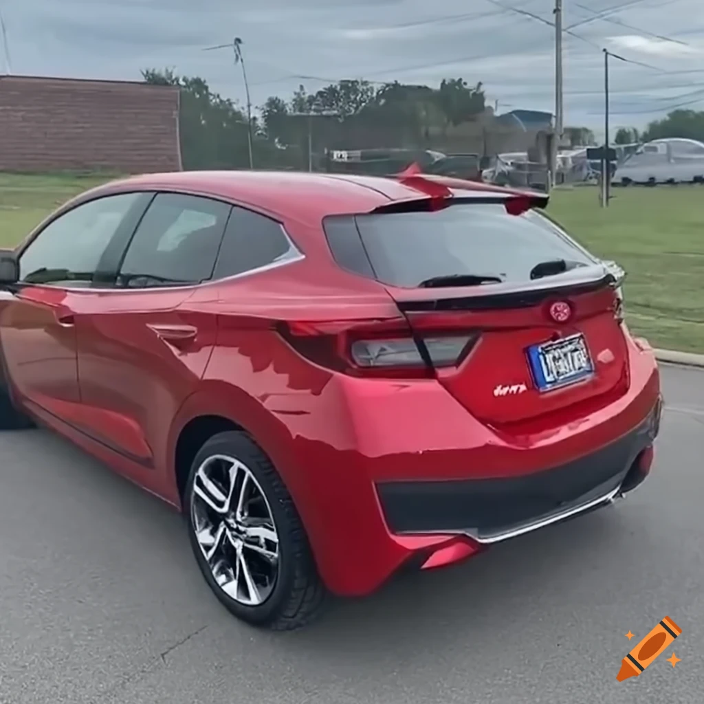 Red hatchback car with black spoiler doing a wheelie surrounded by ...