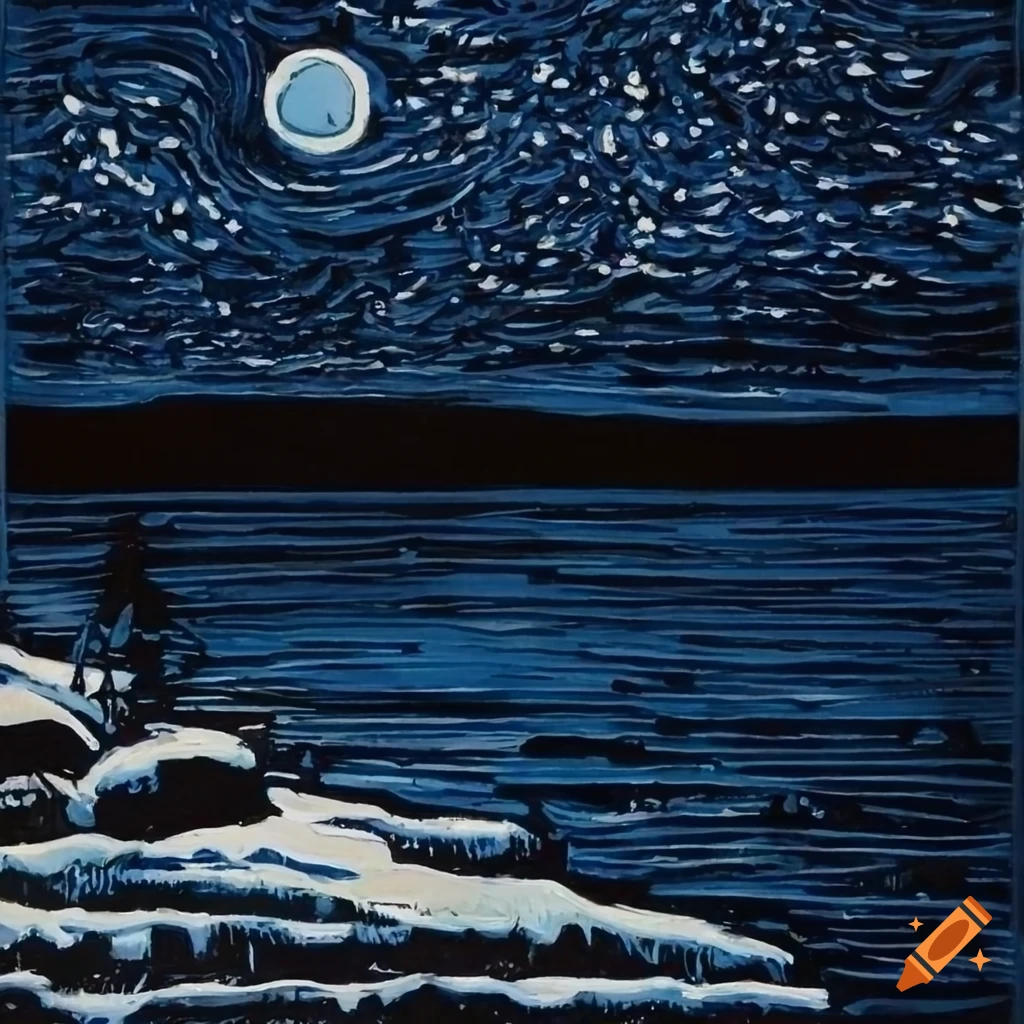 Night scene of lake michigan in winter with oil linocut style on Craiyon