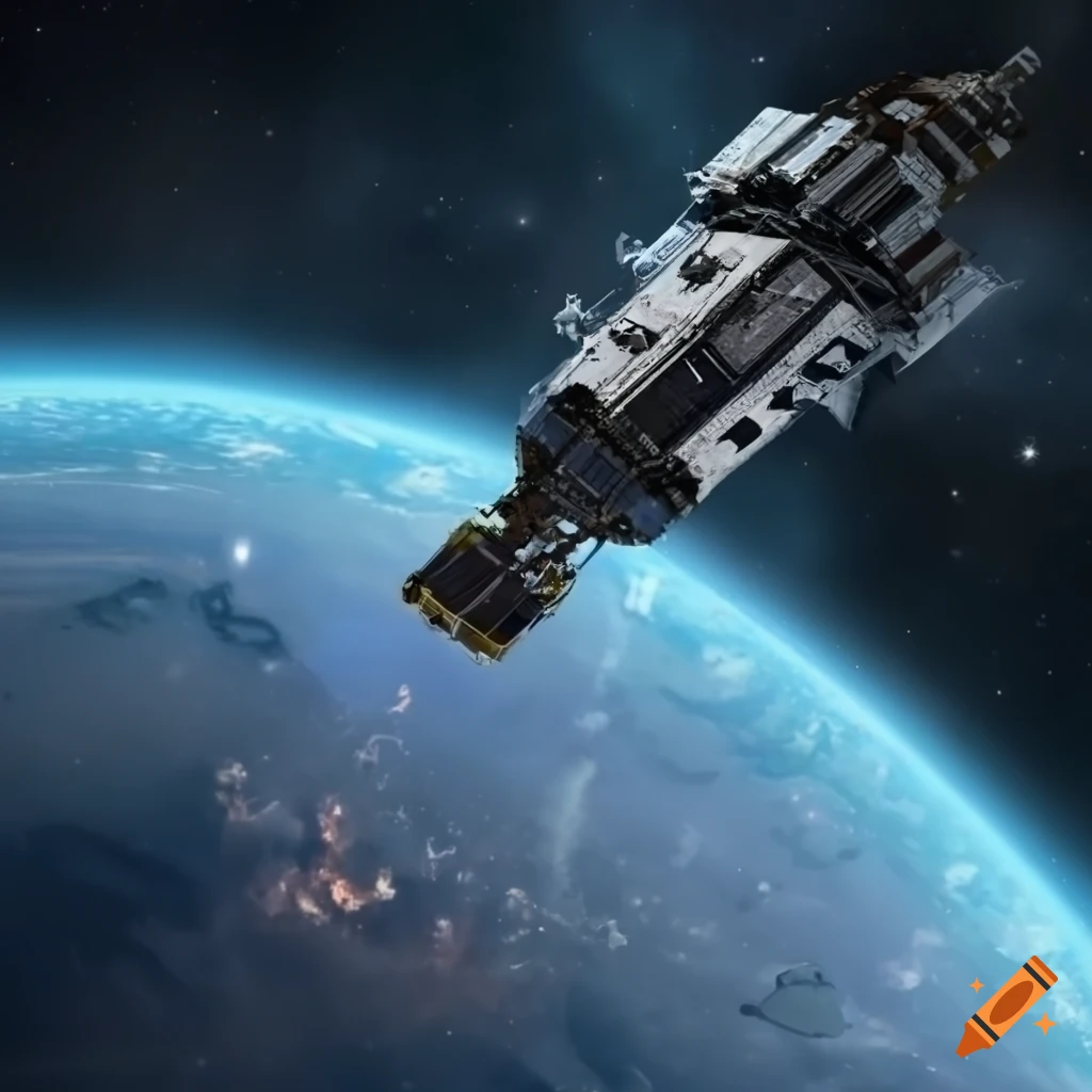 Spaceship docking at a sci-fi space station near a planet on Craiyon