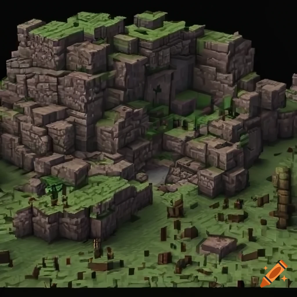 Geological terrain with overgrowth in isometric view on Craiyon