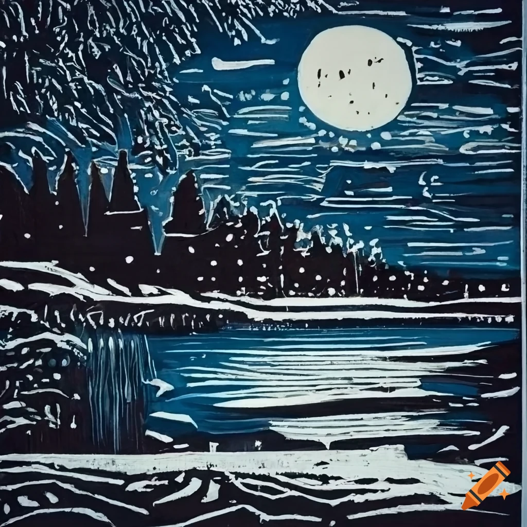 Night scene of lake michigan in winter with oil linocut style on Craiyon