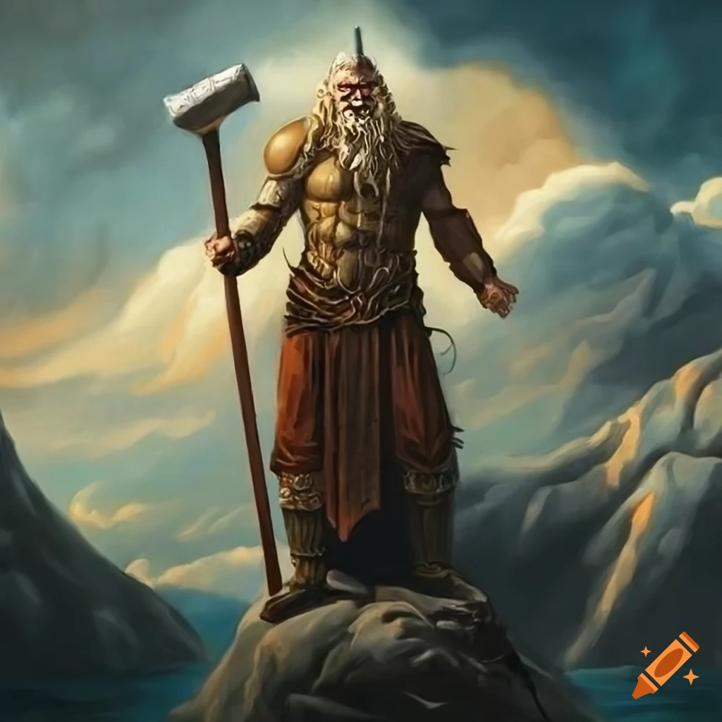 Norse god Thor with his hammer above a mountain surrounded by clouds on ...