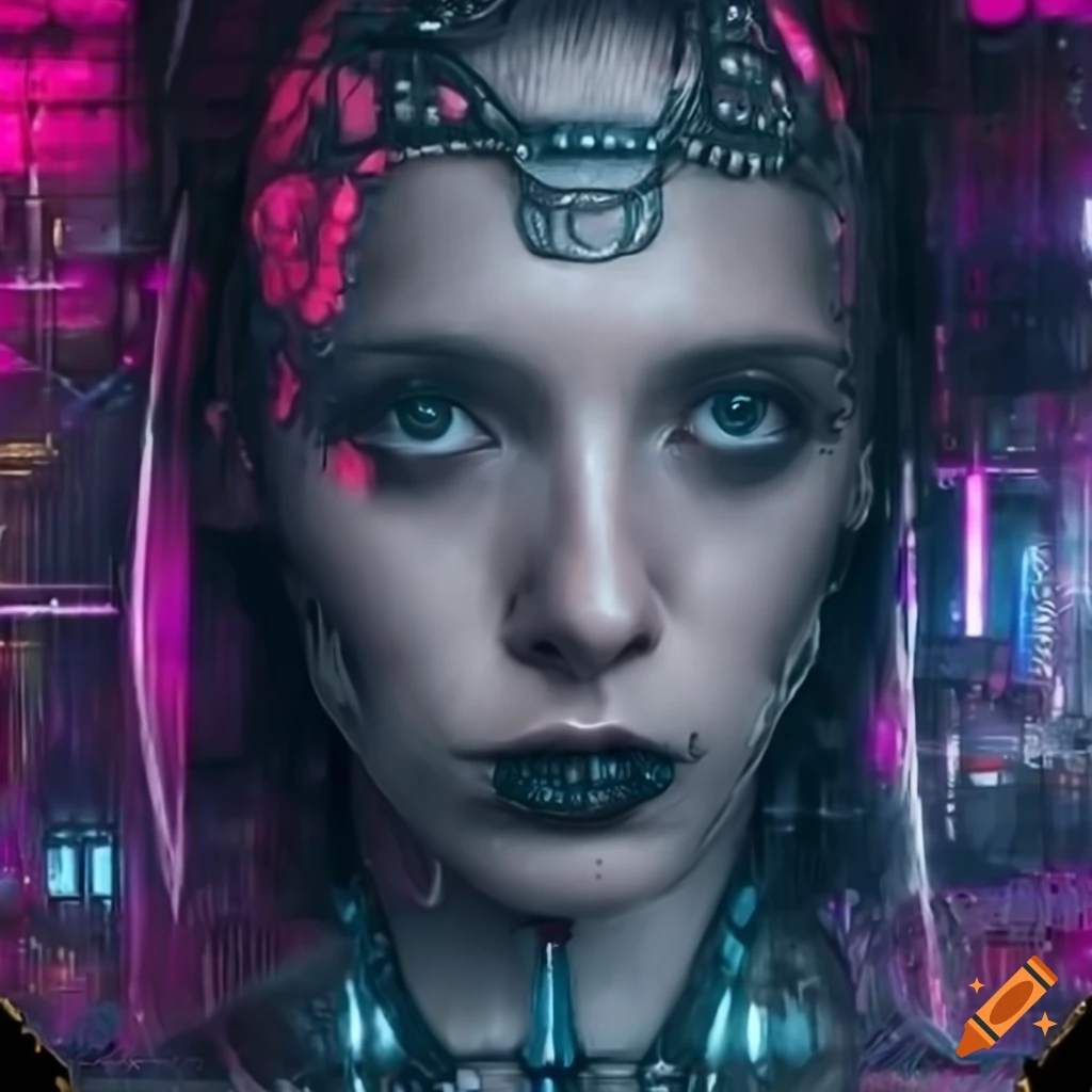 Biopunk cyborg goddess in a dark cyberpunk cityscape on Craiyon