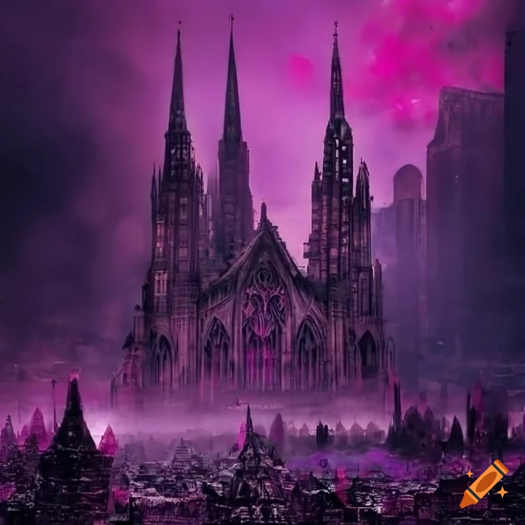Mystical gothic city with magenta crystals emerging from the ground on ...