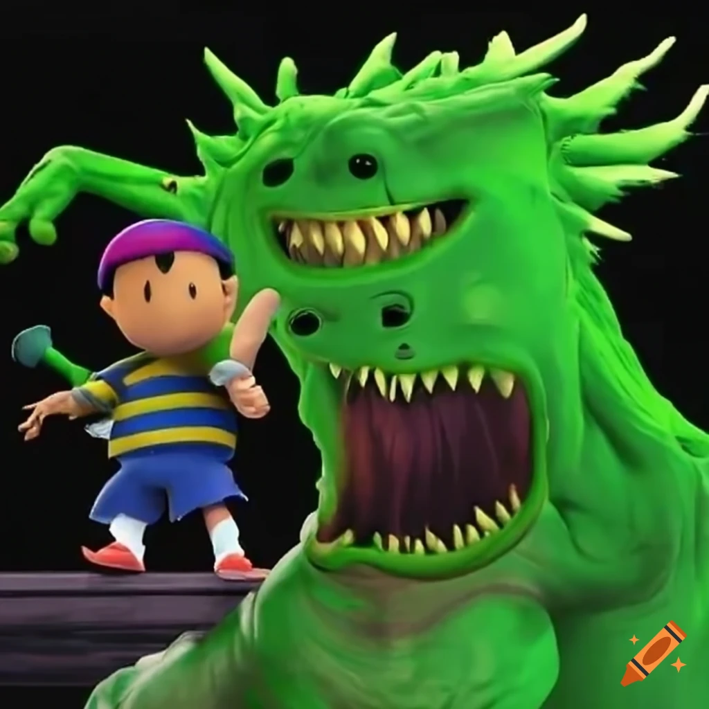 Ness battling a green monster on Craiyon