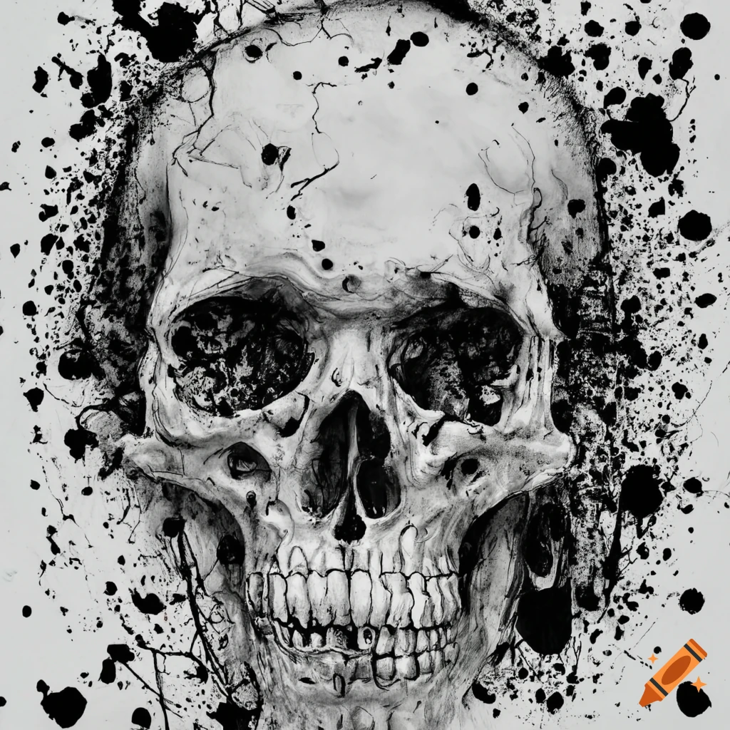 Ink sketch illustration of a skull with splatter on white paper on Craiyon