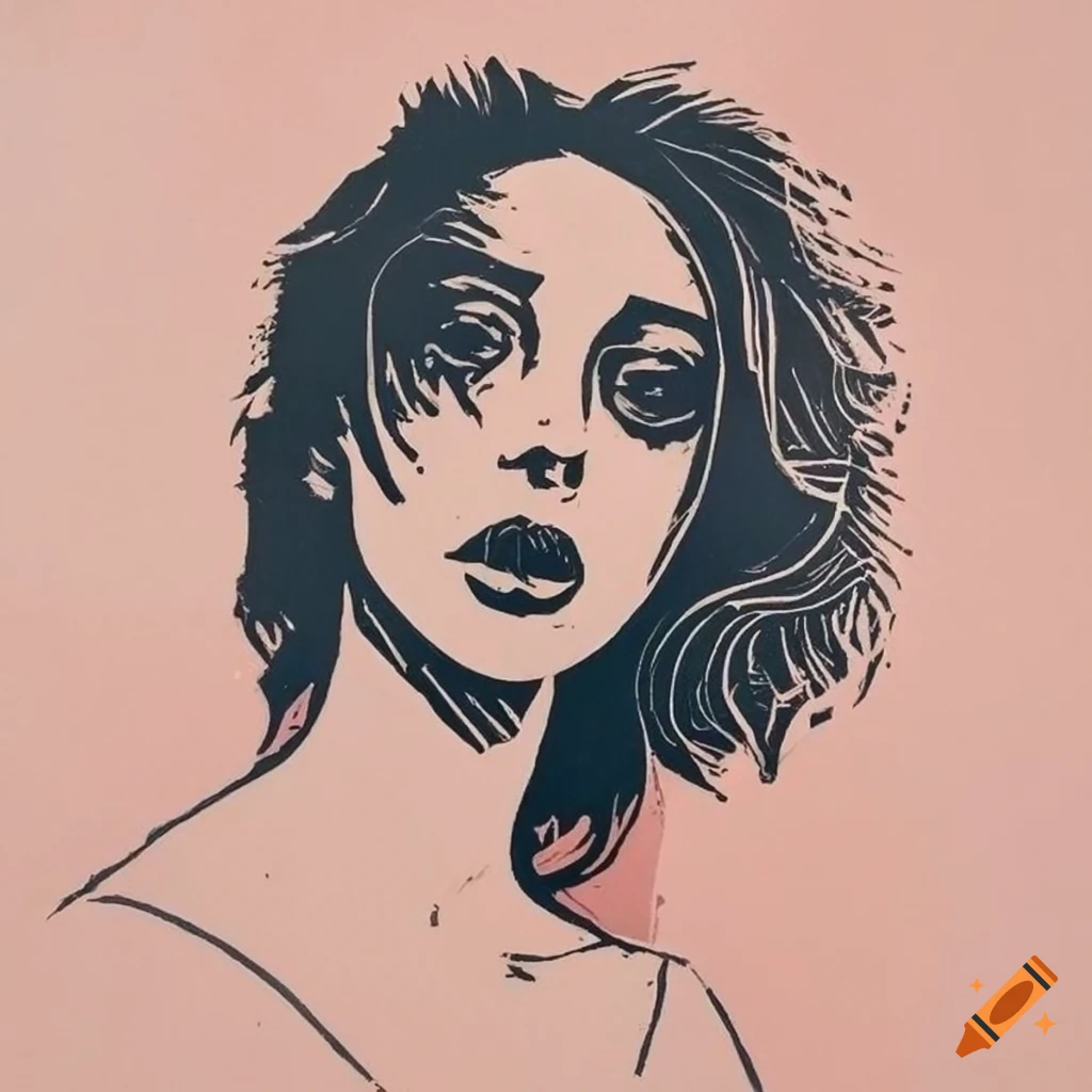 Modern portrait of a female in linocut style on Craiyon
