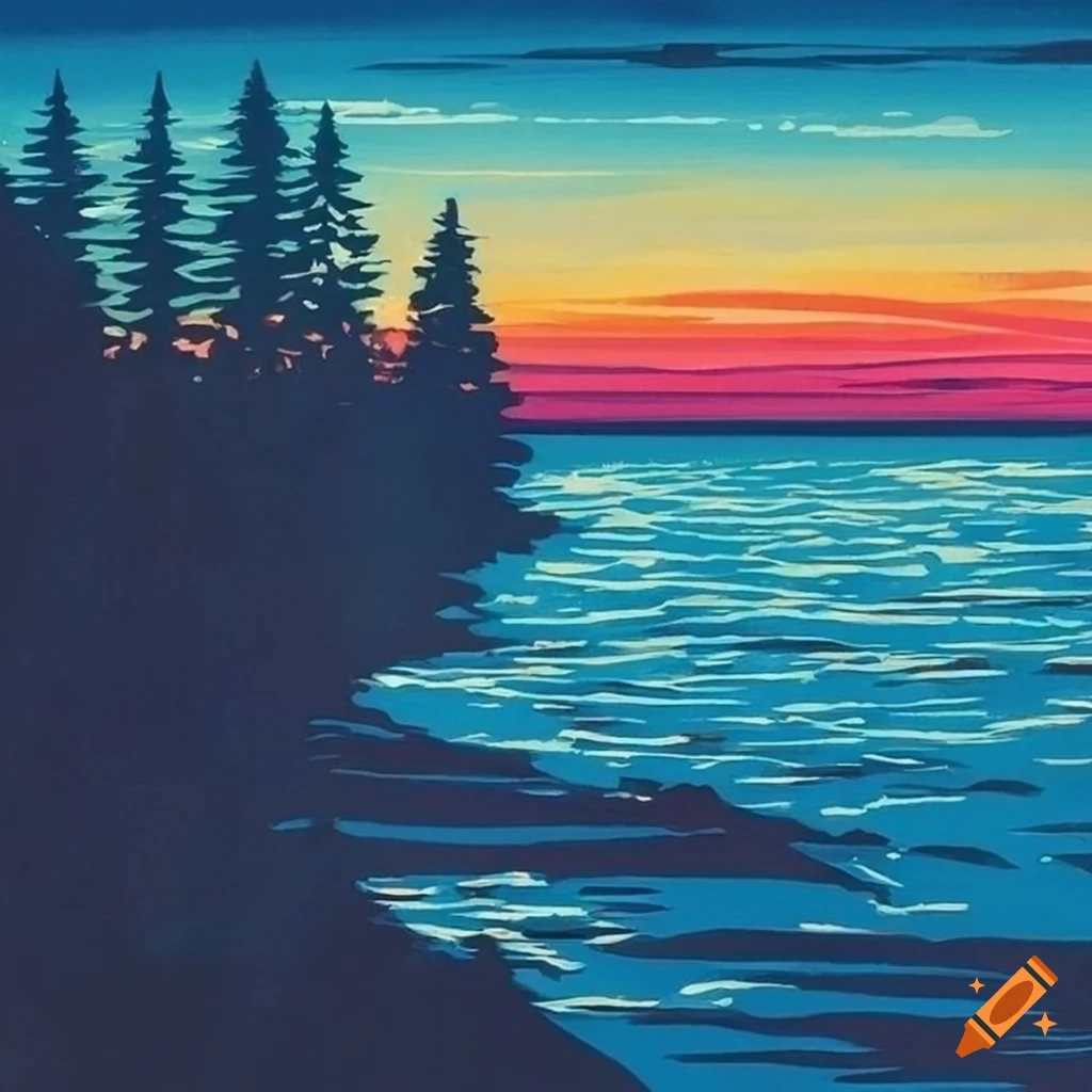 Night scene of lake michigan in tonalism style woodcut on Craiyon