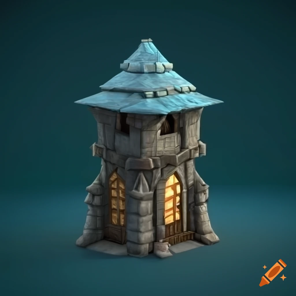 Isometric stone watchtower in a warcraft-style 3d model on Craiyon