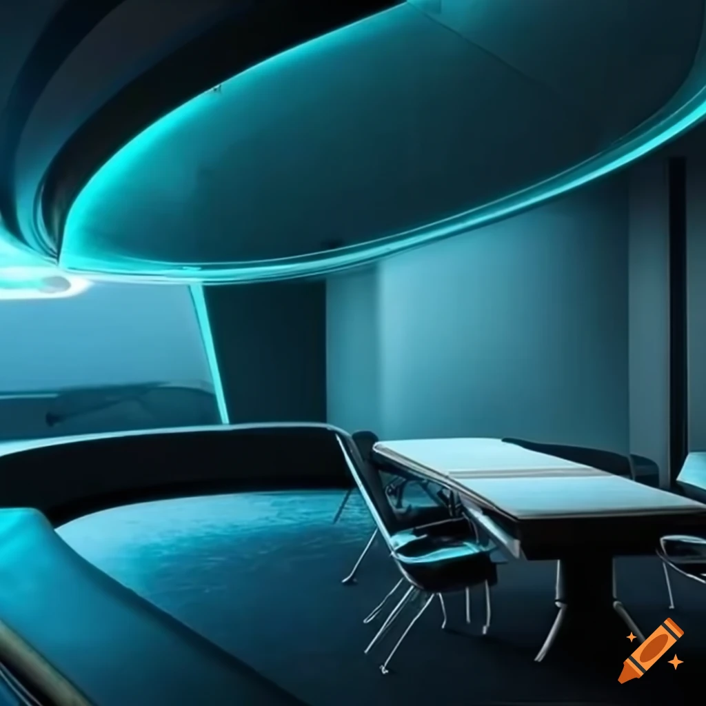 Midcentury conference room in a futuristic spaceship with minimalist ...