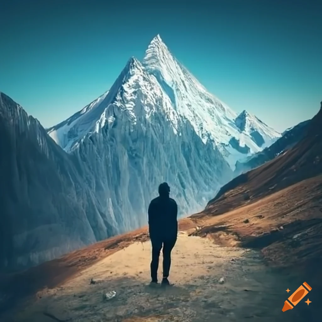Man facing pathway towards a big mountain on Craiyon