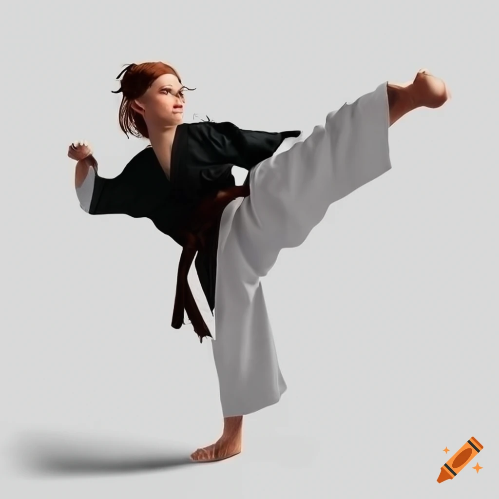 Wood elf performing a high kick in karate gi attire on Craiyon