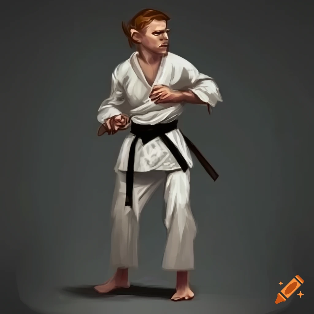 Half elf half human performing a high kick in a karate gi on Craiyon