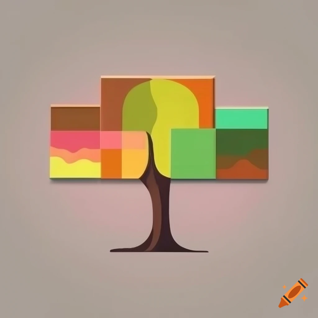 Minimalist abstract art of an oak tree with bright colors and shapes on ...