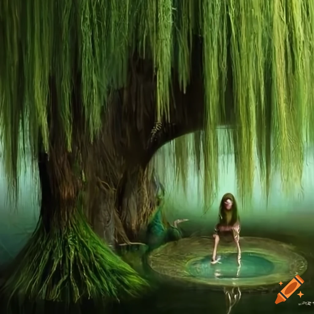 Elf next to a weeping willow tree by a pool on Craiyon