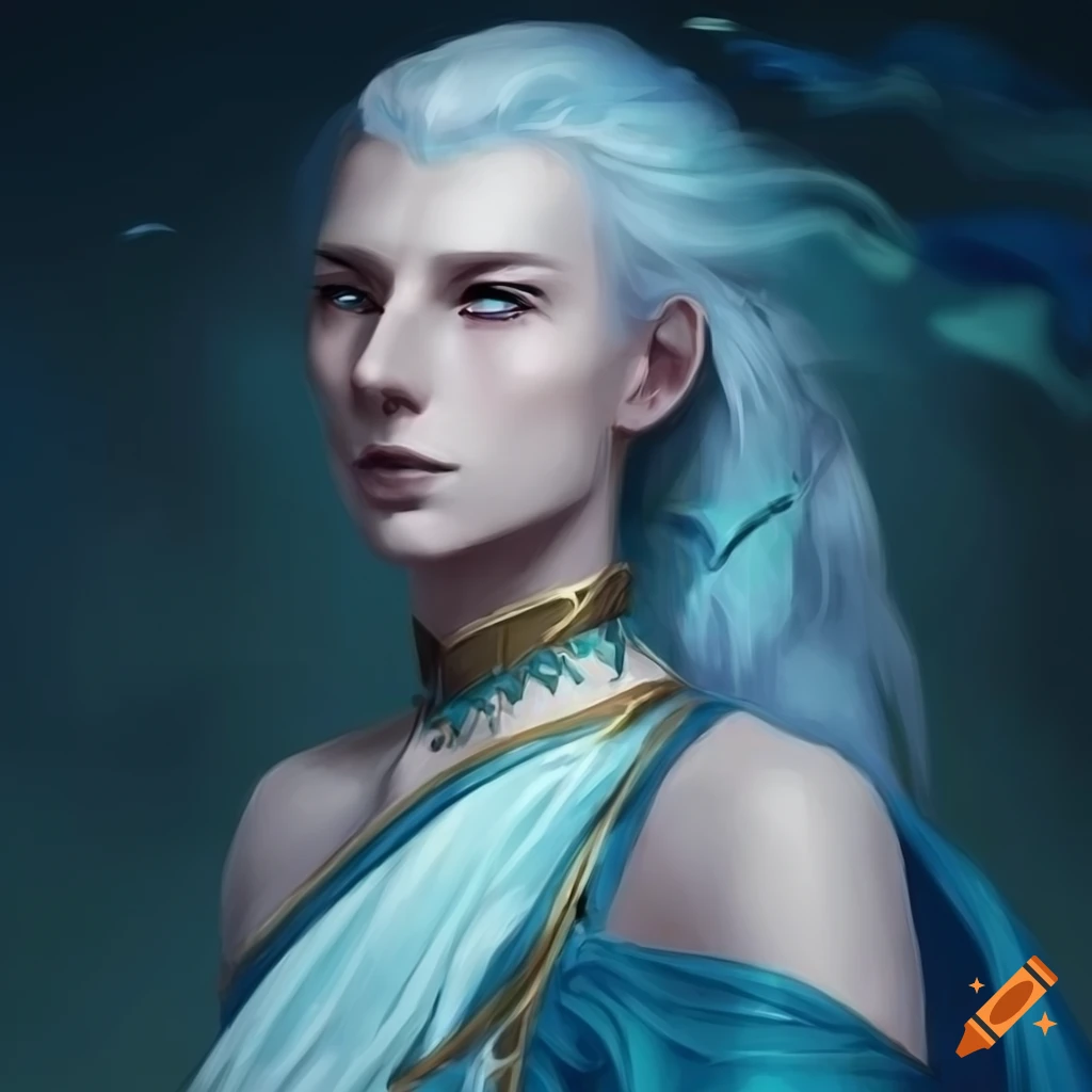 Mythical archer with blue skin and white hair in arabian style robes on ...