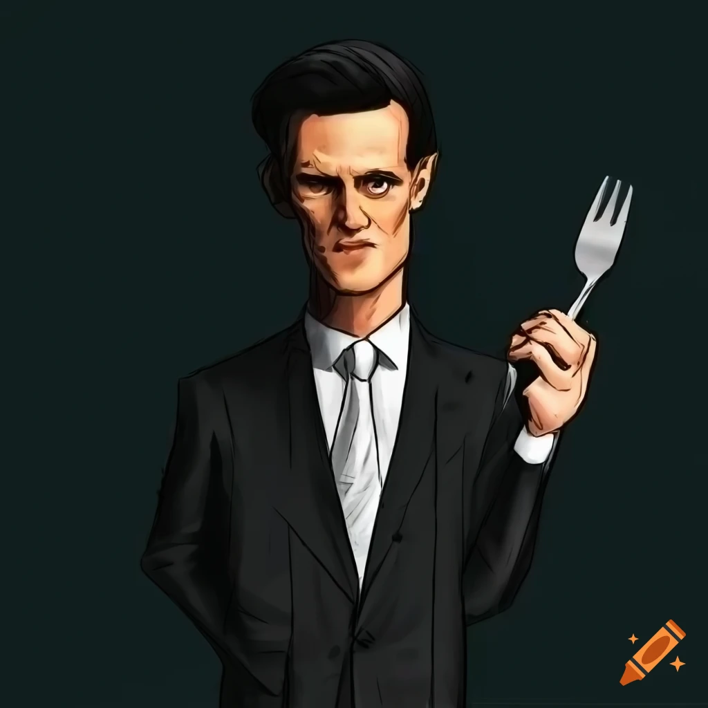 Matt Smith in black suit with a fork in comic book style on Craiyon
