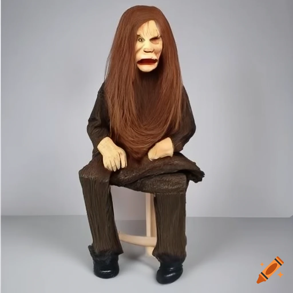 Realistic latex puppet with long brown hair sitting on a stool in black ...