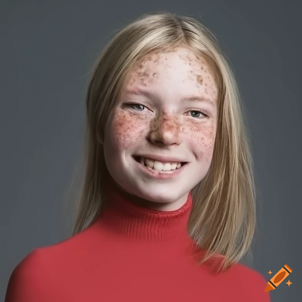 Blond girl with freckles smiling in a red turtleneck, detailed upper ...